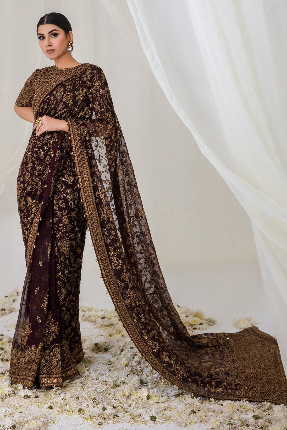 Embroidered Pakistani Wedding Dress in Saree Style – Nameera by Farooq