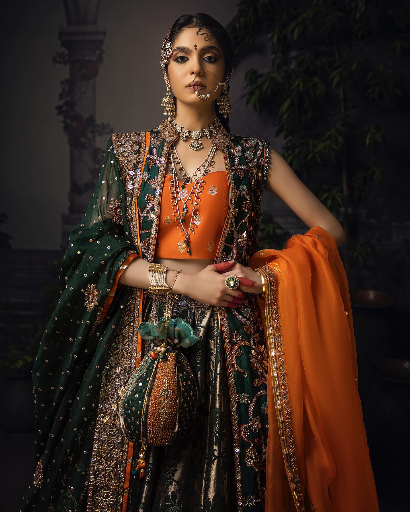 Green Lehenga with Choli and Open Gown Bridal Dress – Nameera by Farooq
