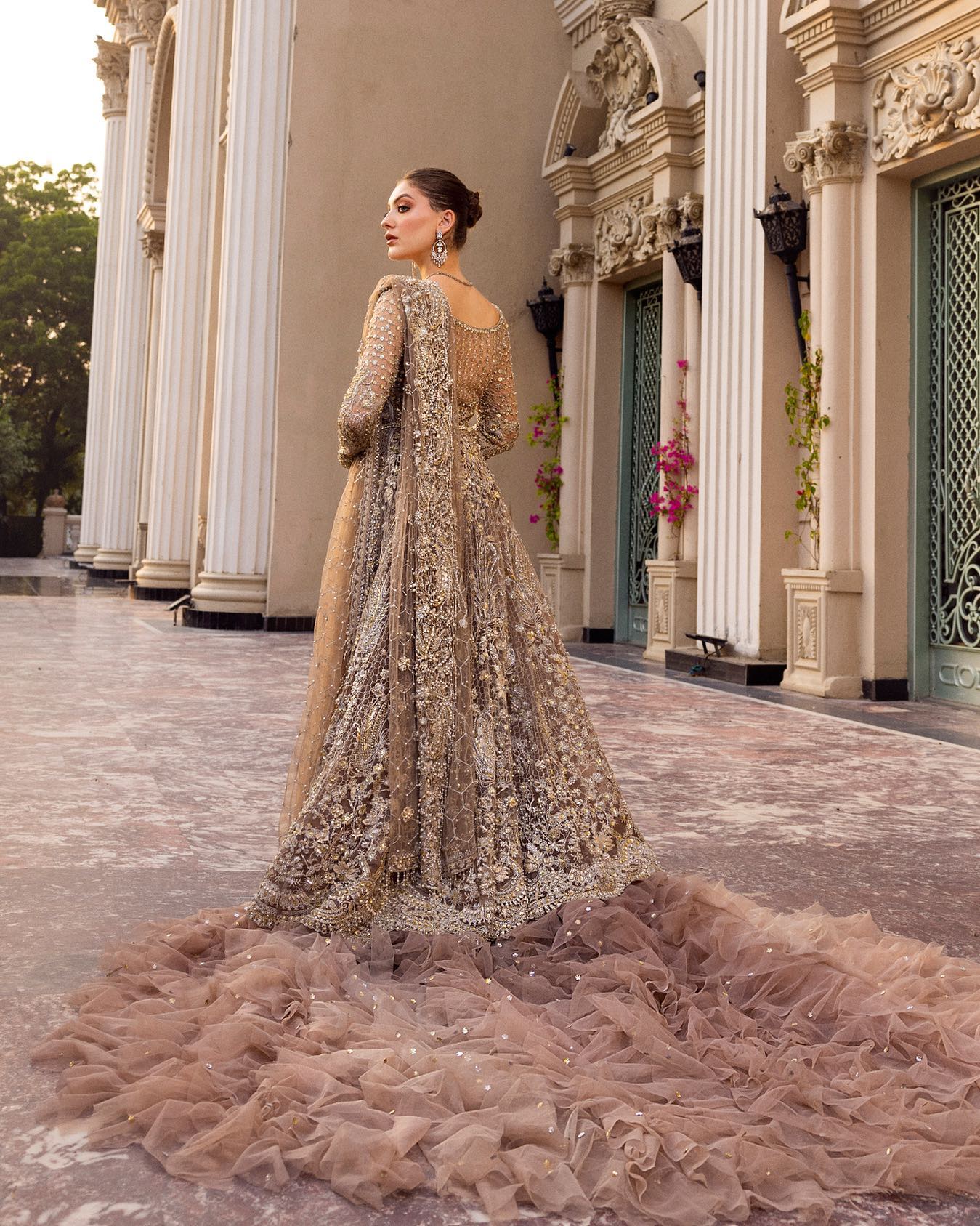 Pakistani Bridal Dress in Long Tail Gown Dupatta Style – Nameera by Farooq