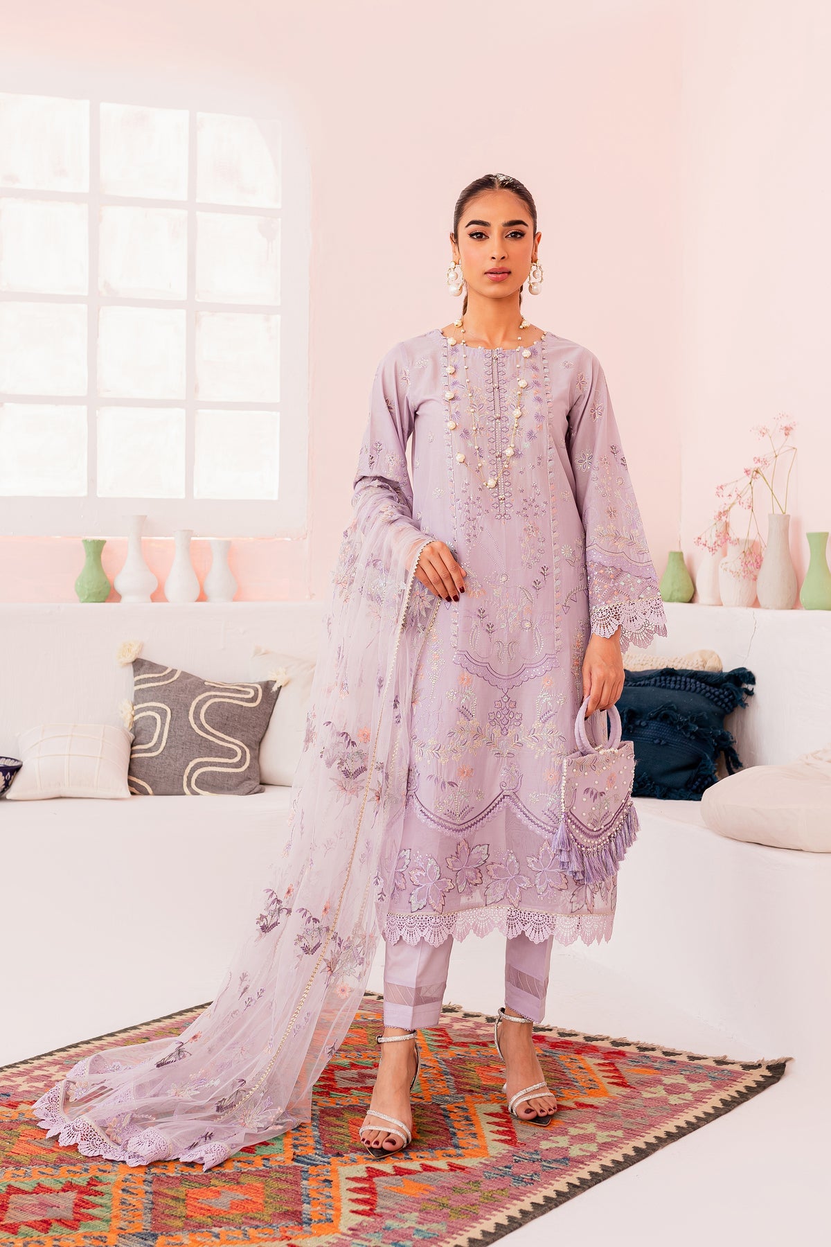 Pakistani Eid Dress in Lilac Kameez and Trouser Style – Nameera by Farooq