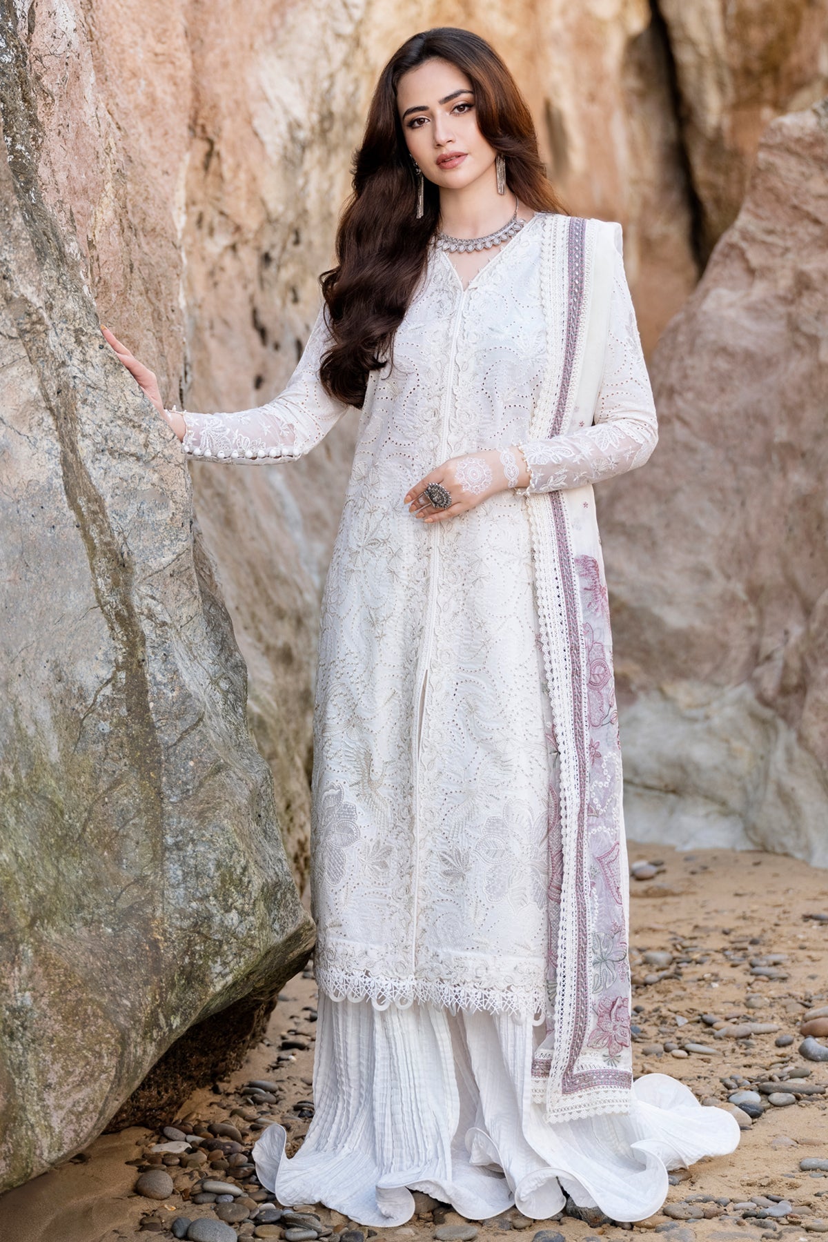 Pakistani Eid Dress in White Lawn Kameez Trouser Style – Nameera by Farooq