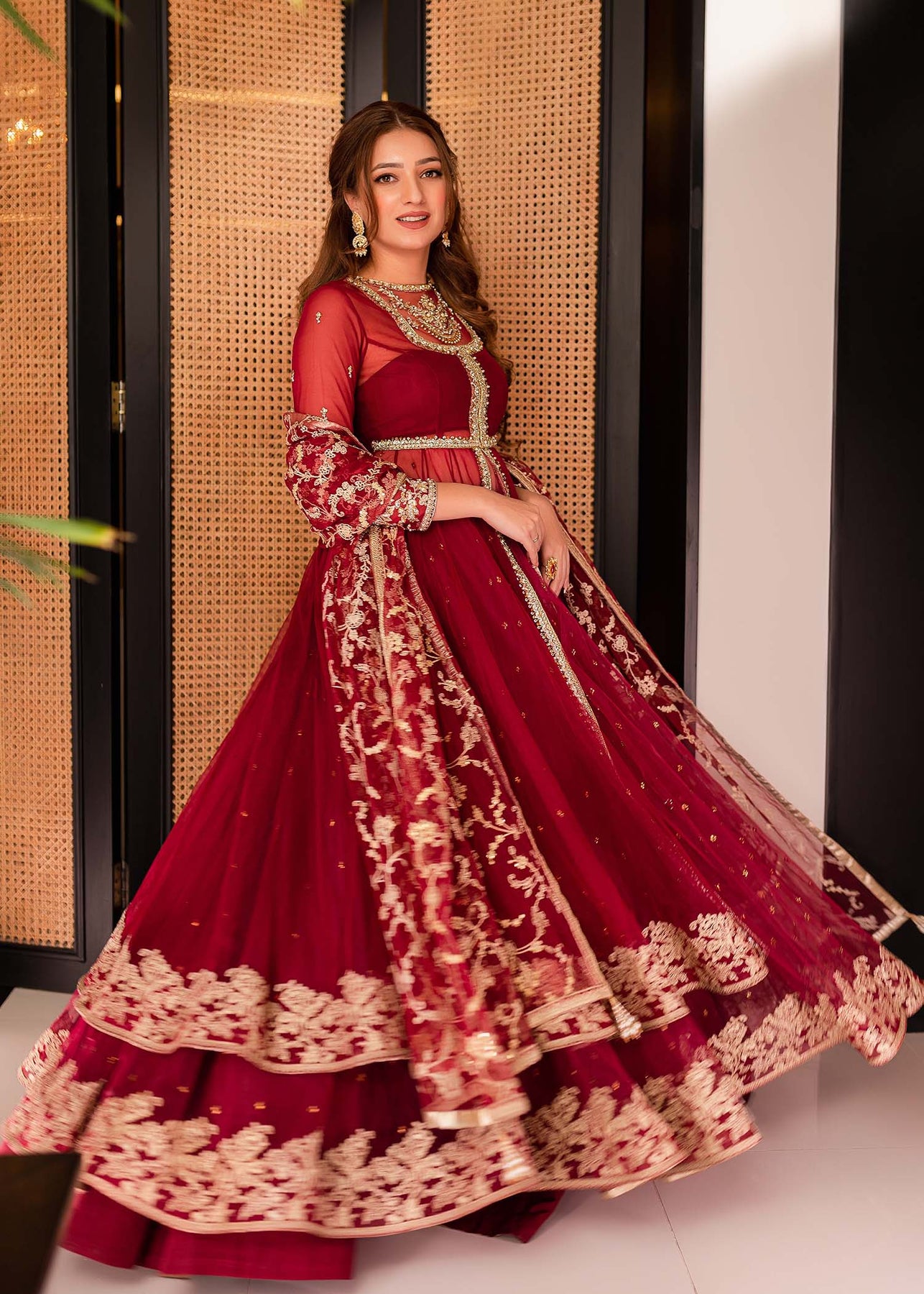 Pakistani Wedding Dress in Double-Layered Pishwas Style – Nameera by Farooq
