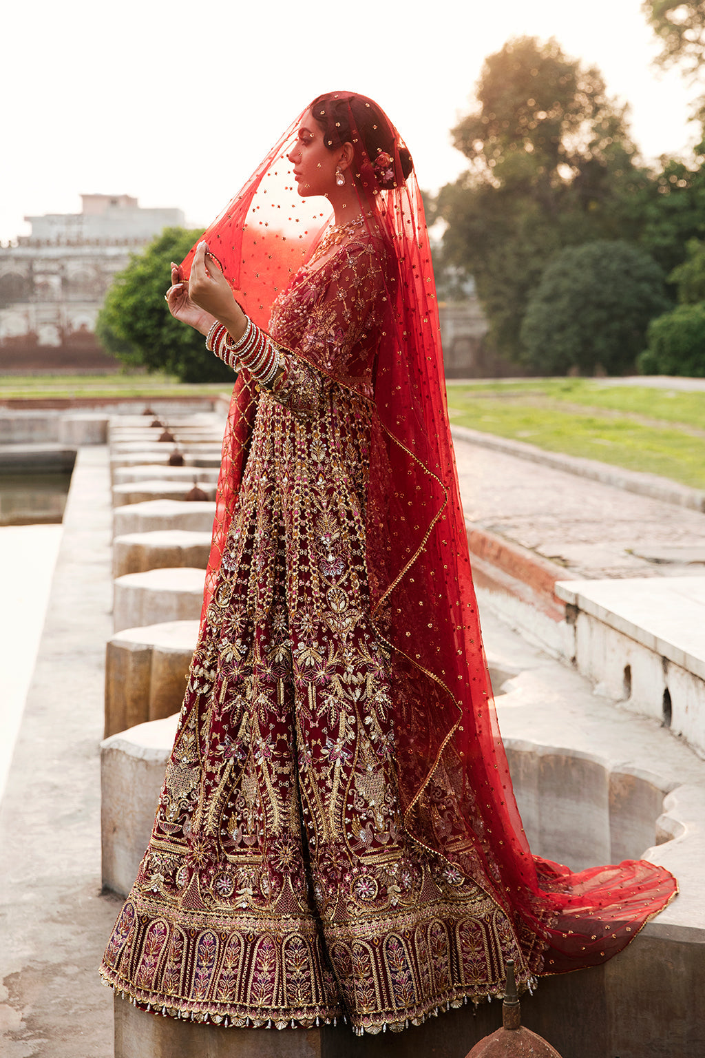 Red Pakistani Bridal Dress in Embellished Gown Style – Nameera by Farooq