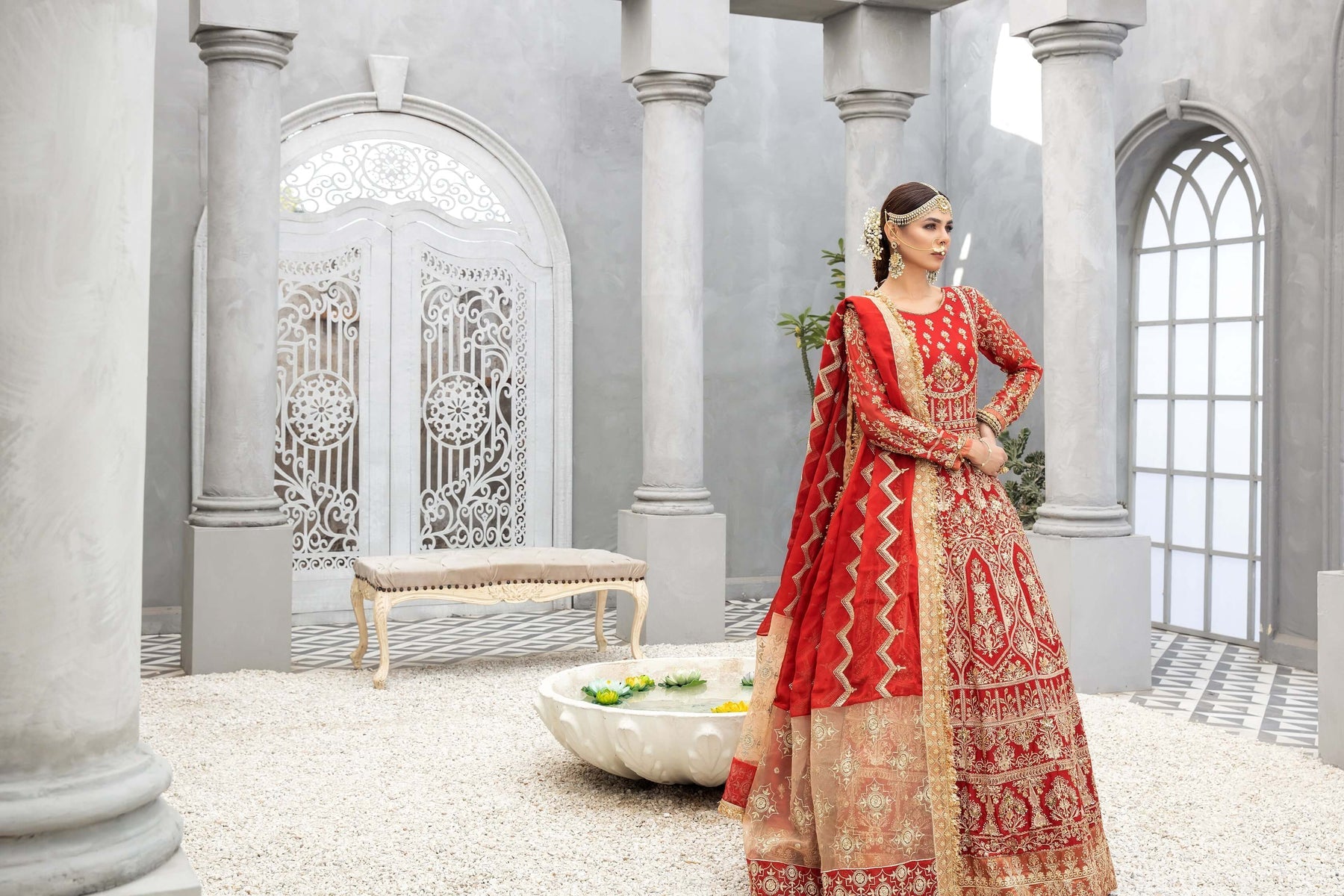 Red Pakistani Bridal Dress in Gown and Dupatta Style – Nameera by Farooq