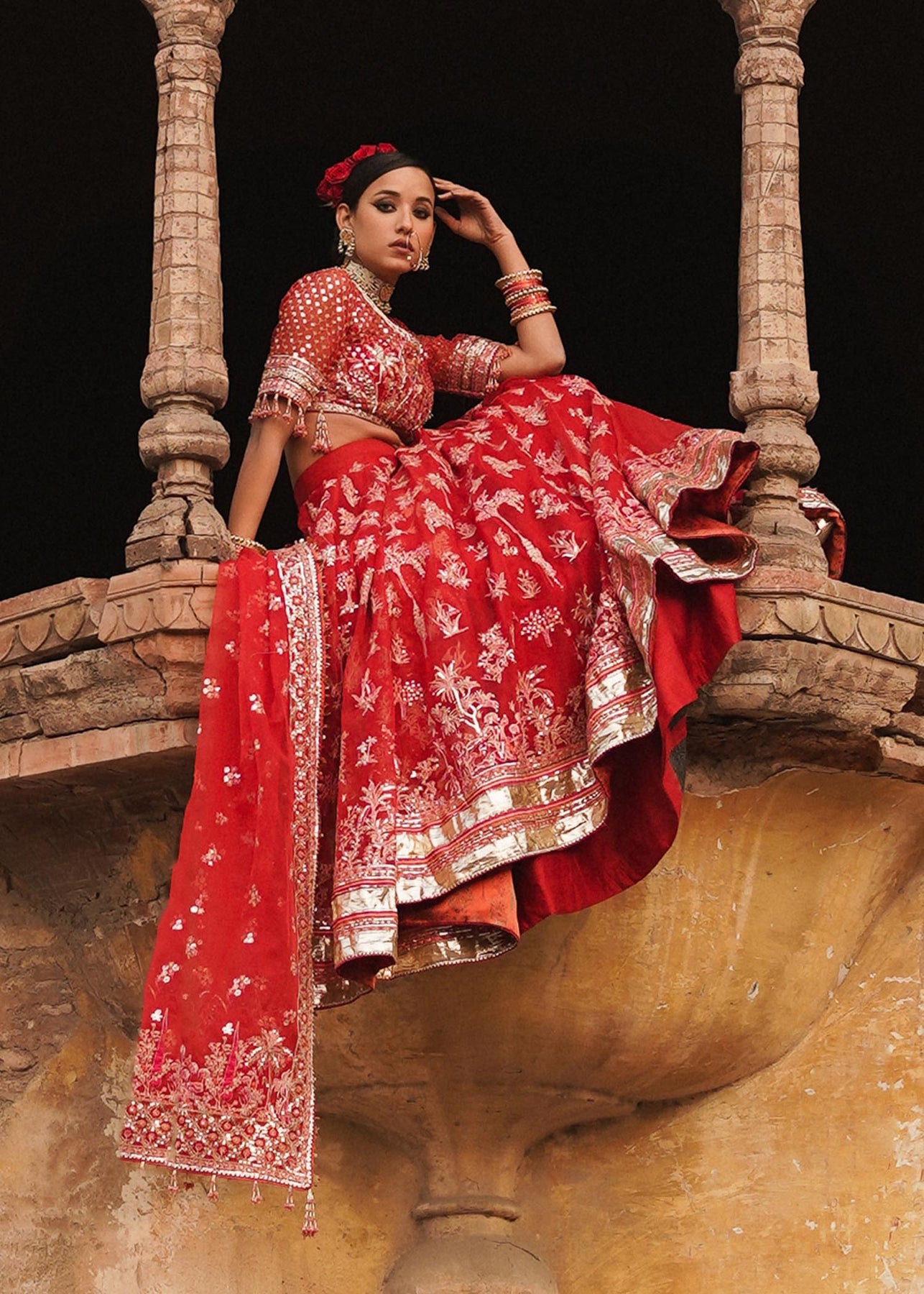 Red Pakistani Bridal Dress in Pishwas and Sharara Style – Nameera by Farooq