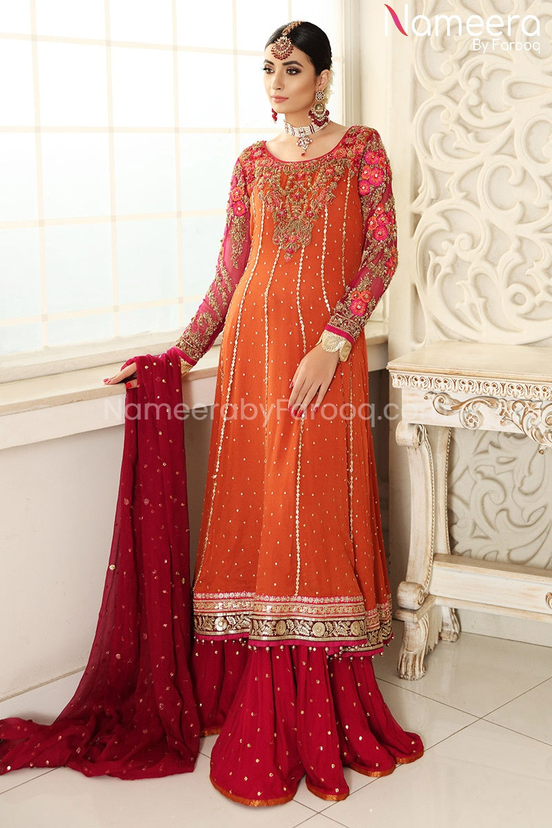 Sharara Dress for Wedding Party in Orange Color Online – Nameera by Farooq
