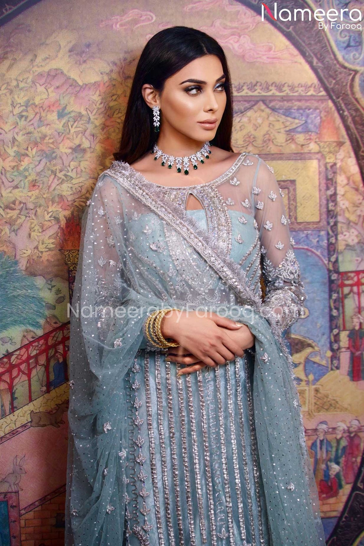 Traditional Sharara with Embellished Net Kameez Dupatta – Nameera by Farooq