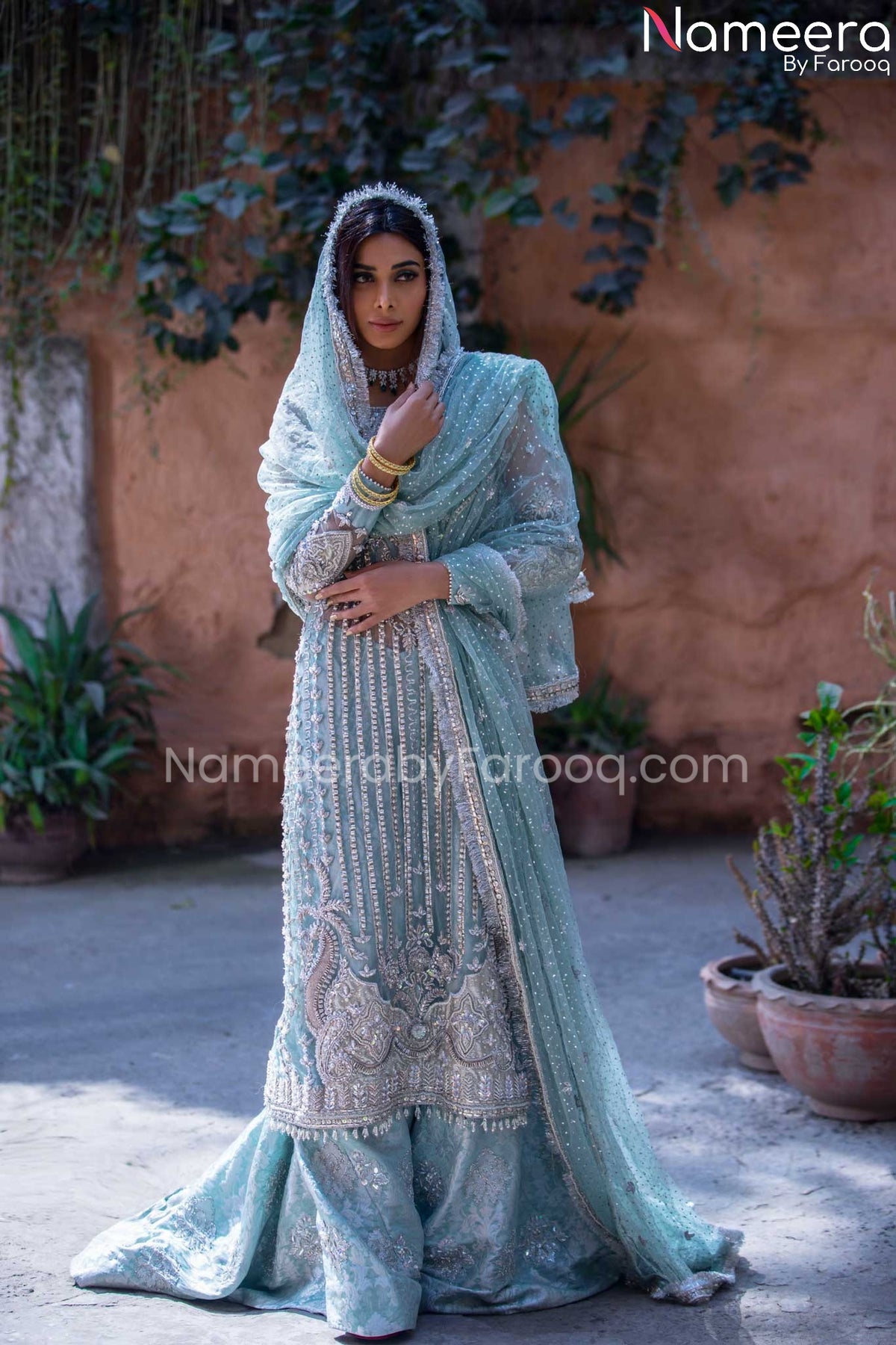 Traditional Sharara with Embellished Net Kameez Dupatta – Nameera by Farooq