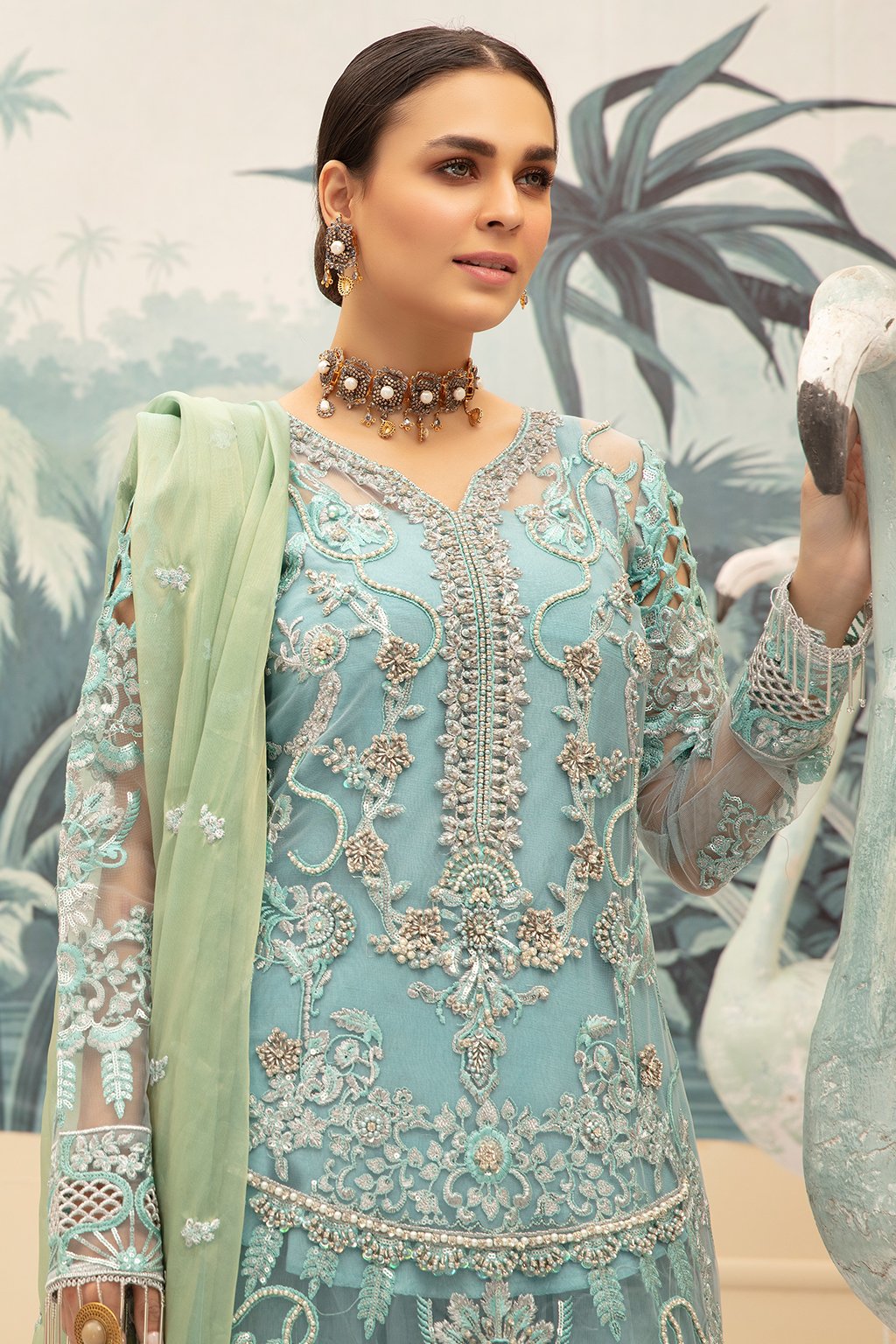 Buy Luxurious Pakistani Net Dress In Light Turquoise – Nameera by Farooq