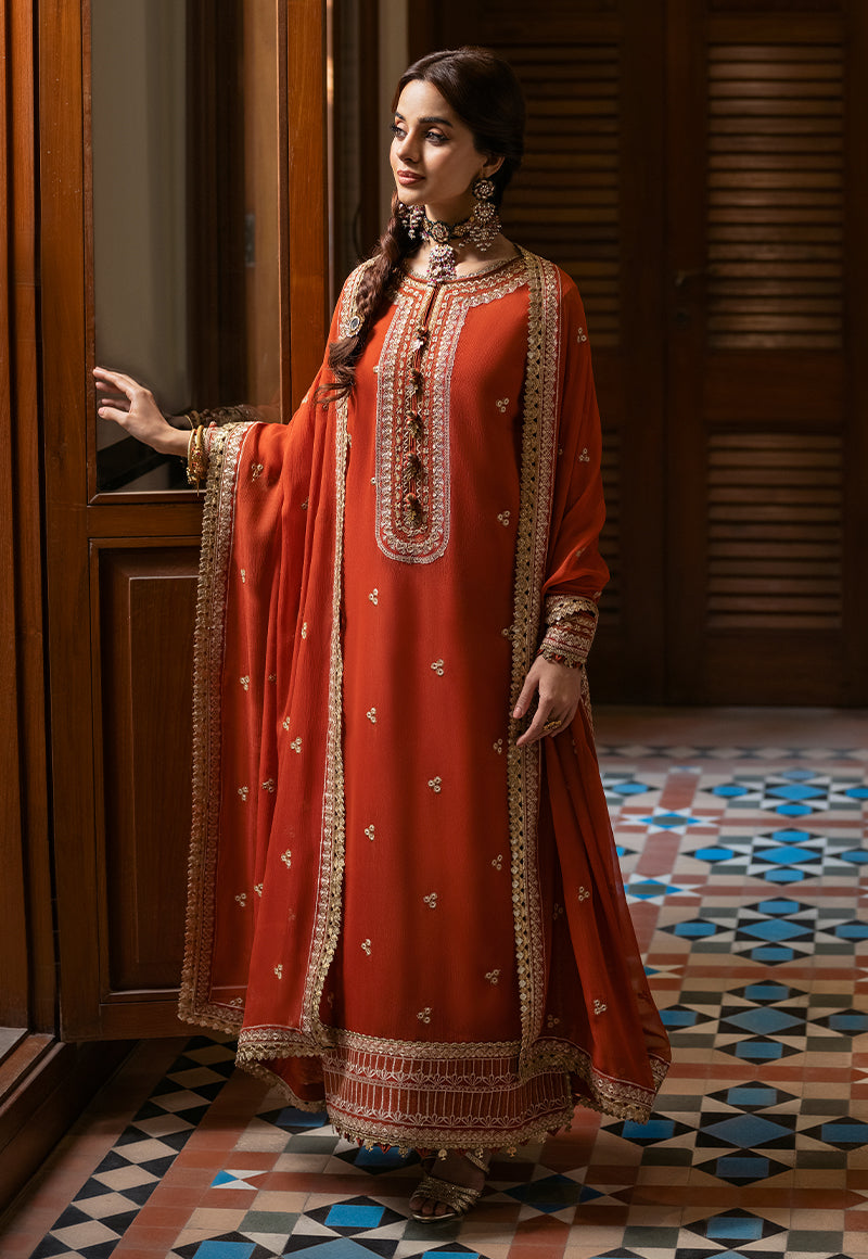 Traditional Pakistani Kameez Salwar Suit in Rusty Color – Nameera by Farooq