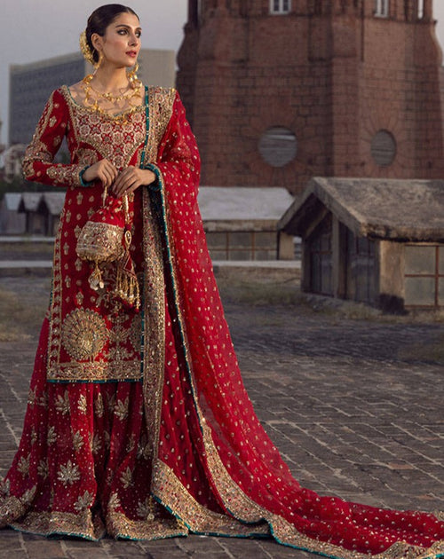 Silk Red Bridal Sharara Shirt Pakistani Wedding Dresses – Nameera by Farooq