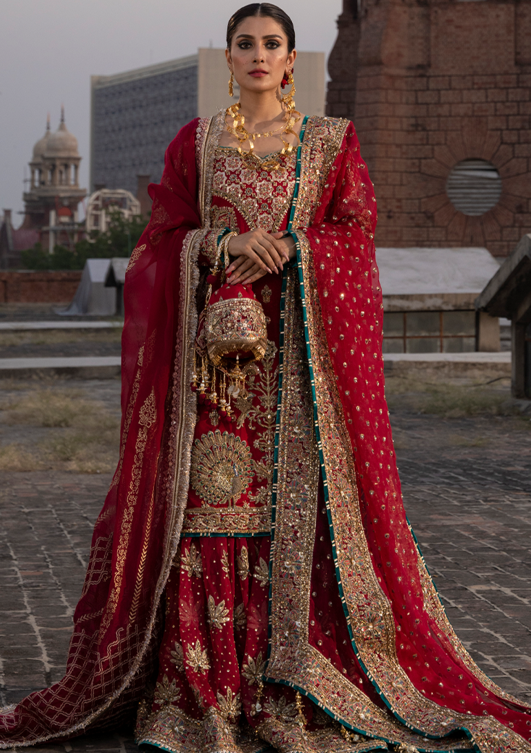Silk Red Bridal Sharara Shirt Pakistani Wedding Dresses – Nameera by Farooq