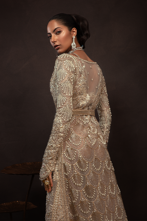 Silver Color Lehenga Gown for Pakistani Bridal Wear – Nameera by Farooq