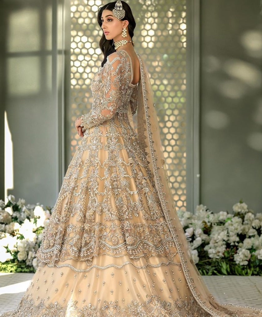Skin Peach Lehenga Gown for Pakistani Bridal Dresses – Nameera by Farooq