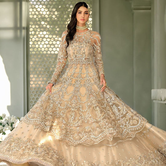 Skin Peach Lehenga Gown for Pakistani Bridal Dresses – Nameera by Farooq