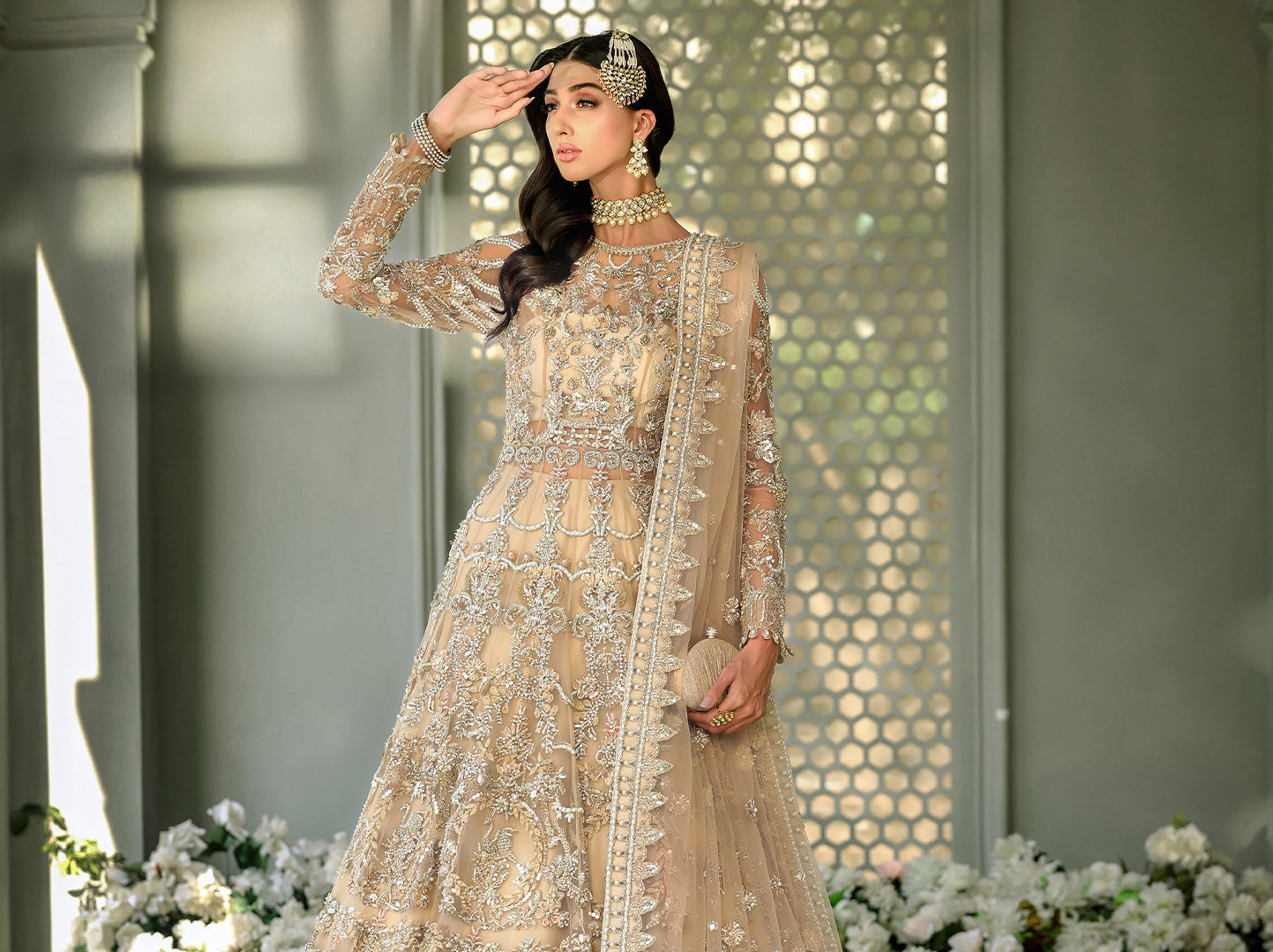 Skin Peach Lehenga Gown for Pakistani Bridal Dresses – Nameera by Farooq
