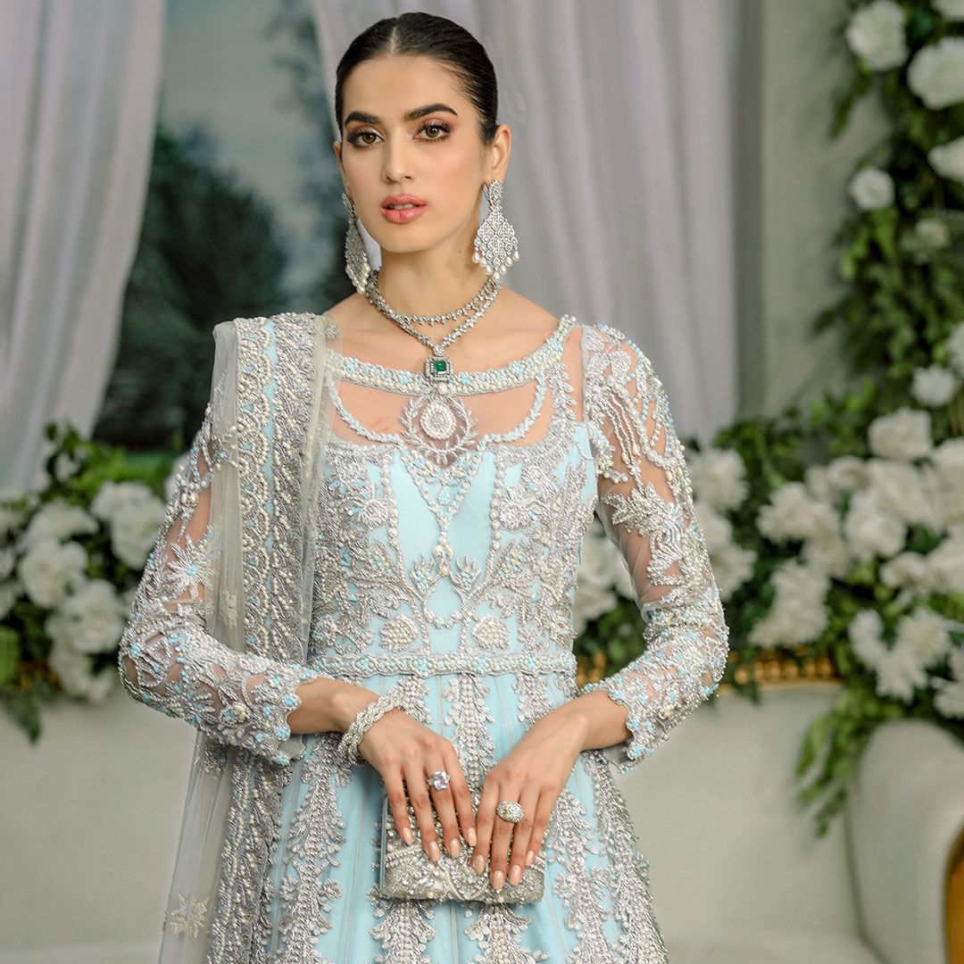 Sky Blue Gown Lehenga for Pakistani Wedding Dresses – Nameera by Farooq