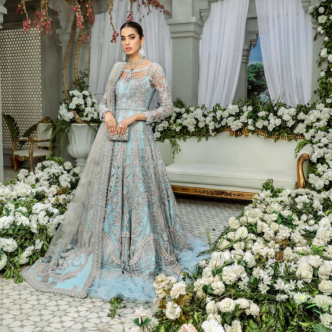 Sky Blue Gown Lehenga for Pakistani Wedding Dresses – Nameera by Farooq