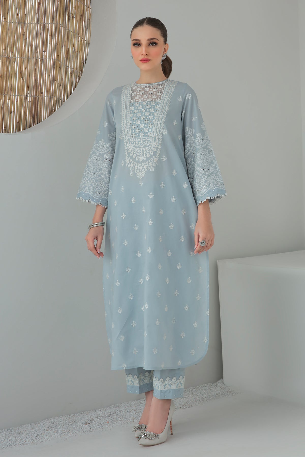 Buy Sky Blue Pakistani Traditional Kameez Capri 2023 – Nameera by Farooq