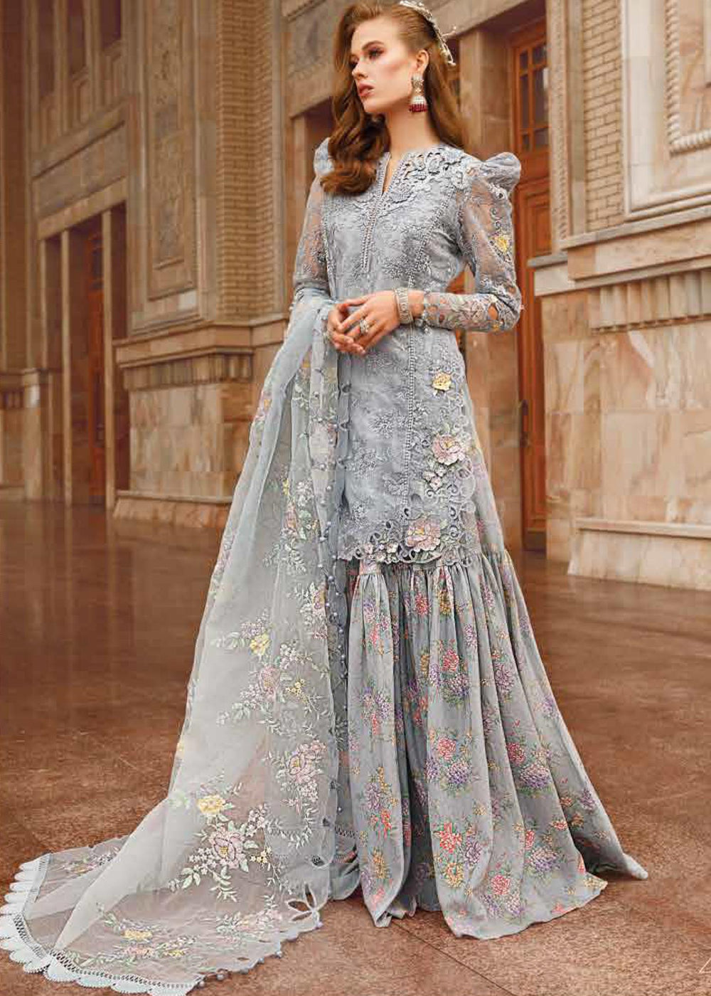 Sky Lawn Shirt Gharara Kameez for Pakistani Party Wear – Nameera by Farooq
