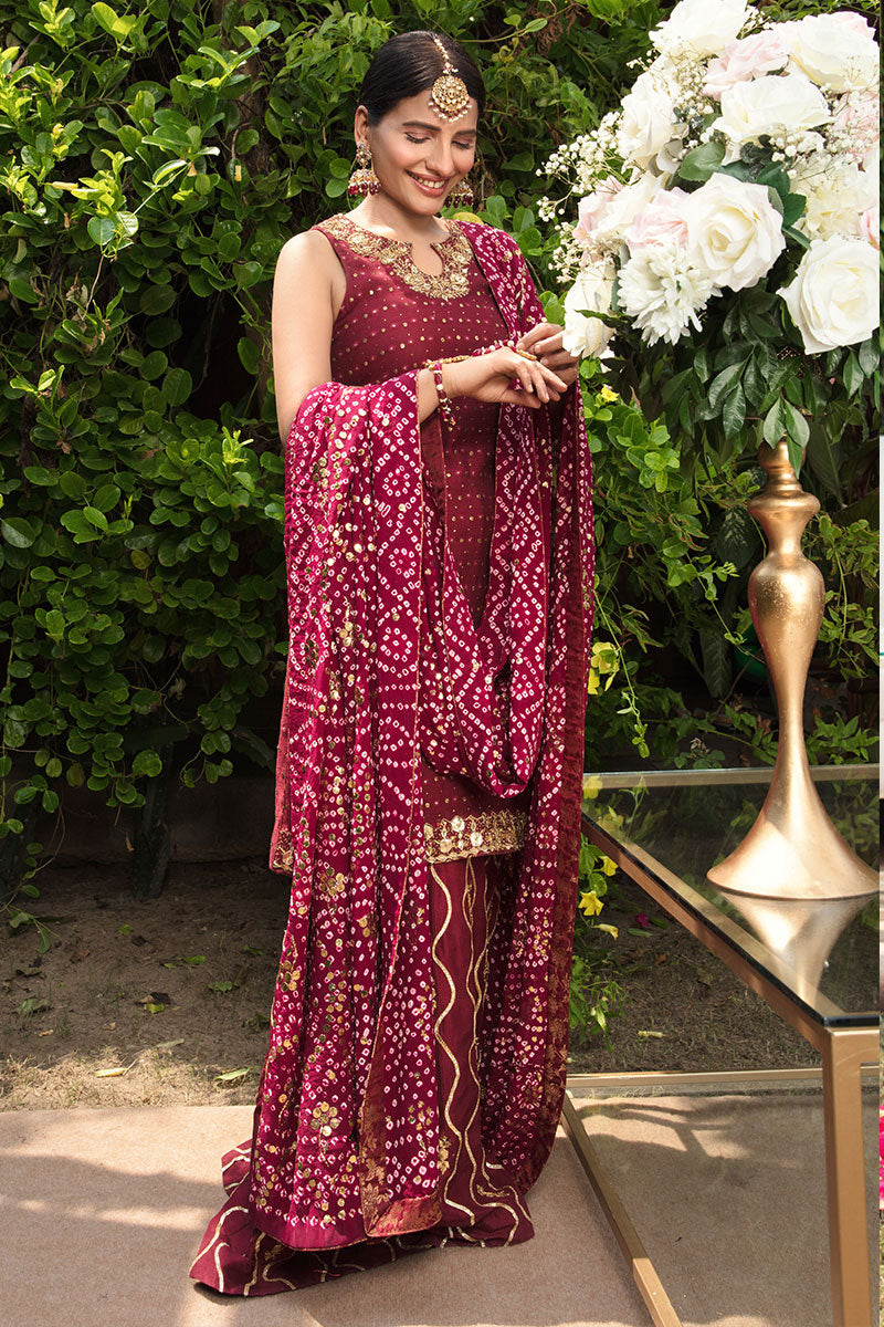 Traditional Chunri Outfit in Maroon Color – Nameera by Farooq
