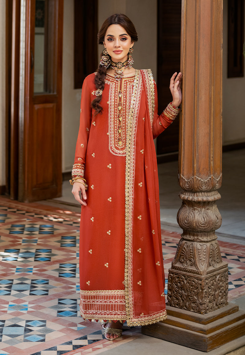 Traditional Pakistani Kameez Salwar Suit in Rusty Color – Nameera by Farooq