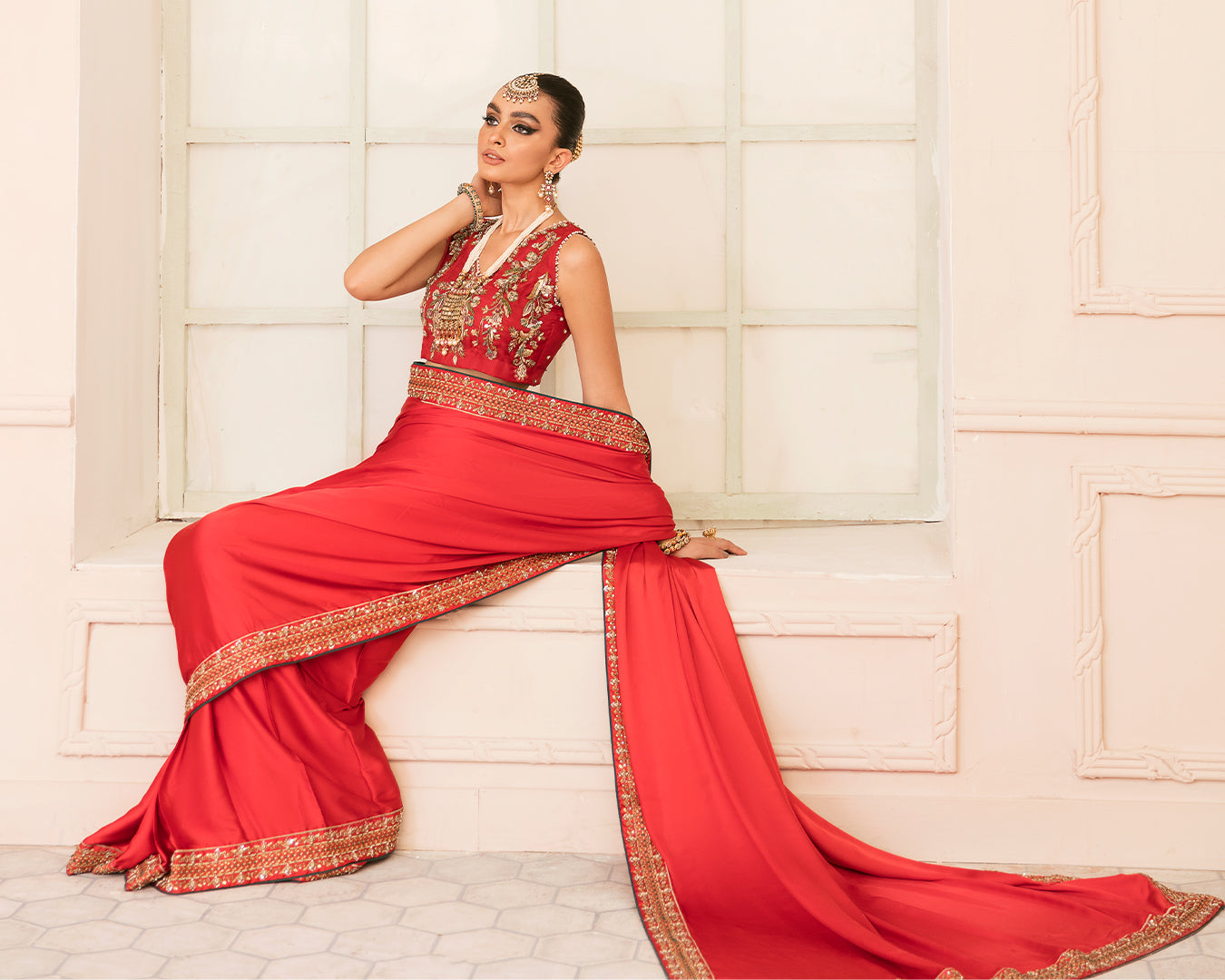 Buy Traditional Pakistani Red Saree Blouse Dress for Wedding – Nameera ...