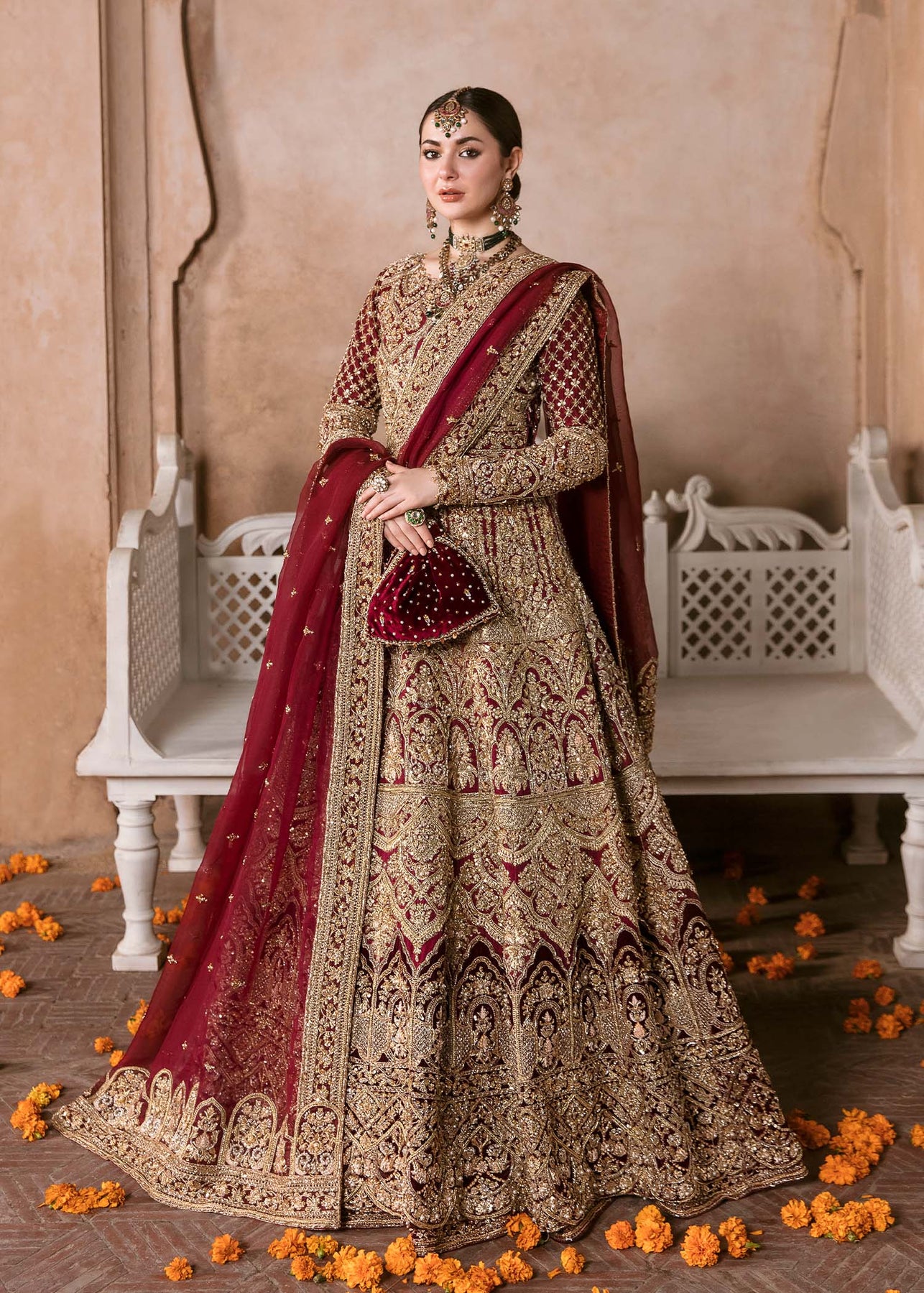Traditional Red Lehenga Gown Pakistani Wedding Dresses – Nameera by Farooq