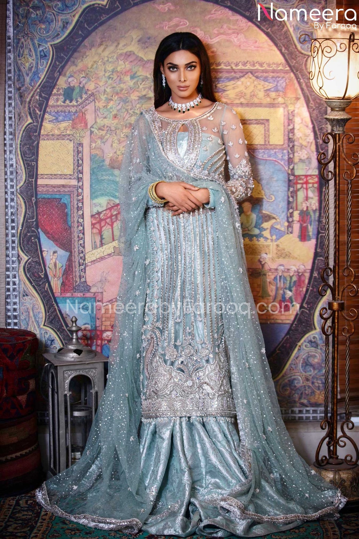 Traditional Sharara with Embellished Net Kameez Dupatta – Nameera by Farooq