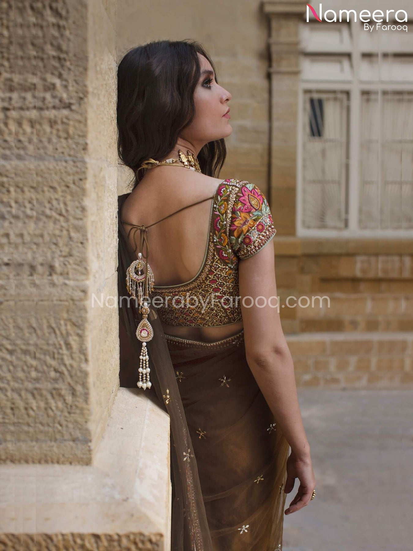 Traditional Bridal Net Saree in Olive Color Online 2021 – Nameera by Farooq