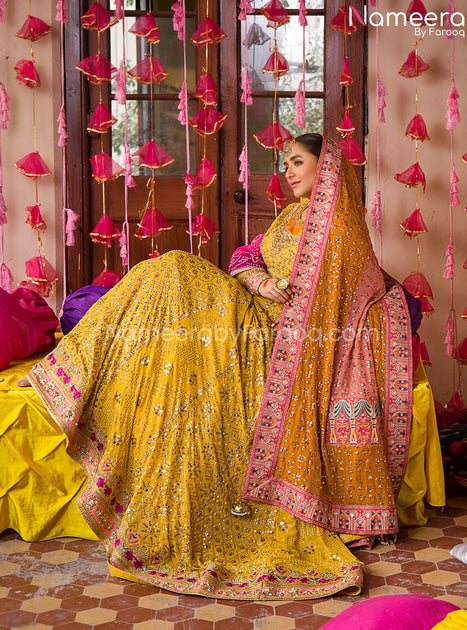 Yellow Bridal Dress in Traditional Pishwas Style for Mehndi – Nameera ...