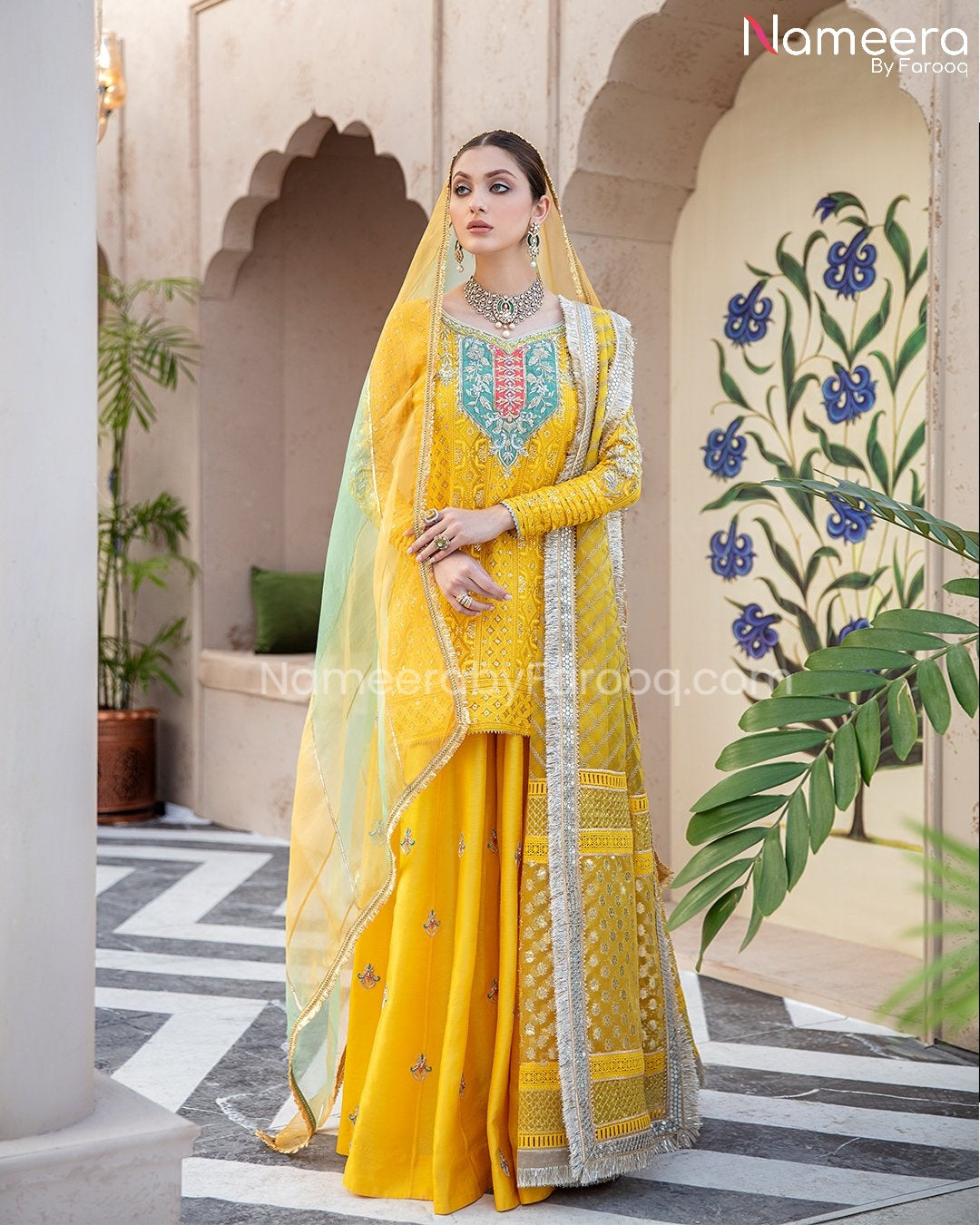 Royal Pakistani Yellow Dress for Mehndi Function Online – Nameera by Farooq