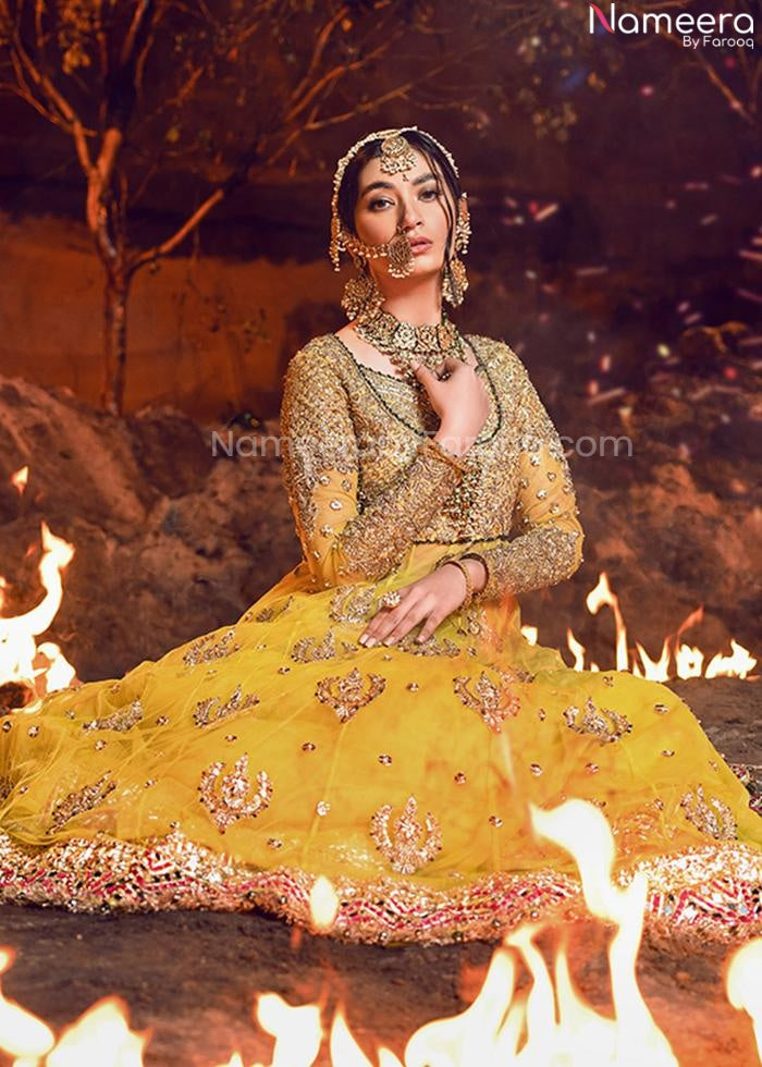 Designer Pakistani Frock Yellow Mehndi Suit Bridal Dress – Nameera by Farooq
