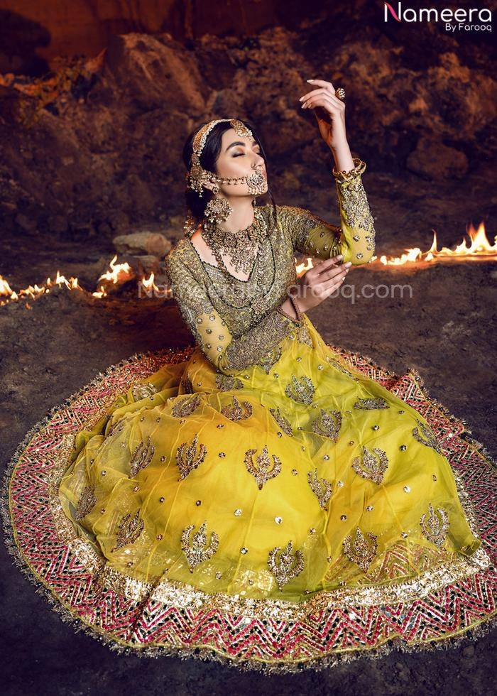 Designer Pakistani Frock Yellow Mehndi Suit Bridal Dress – Nameera by Farooq