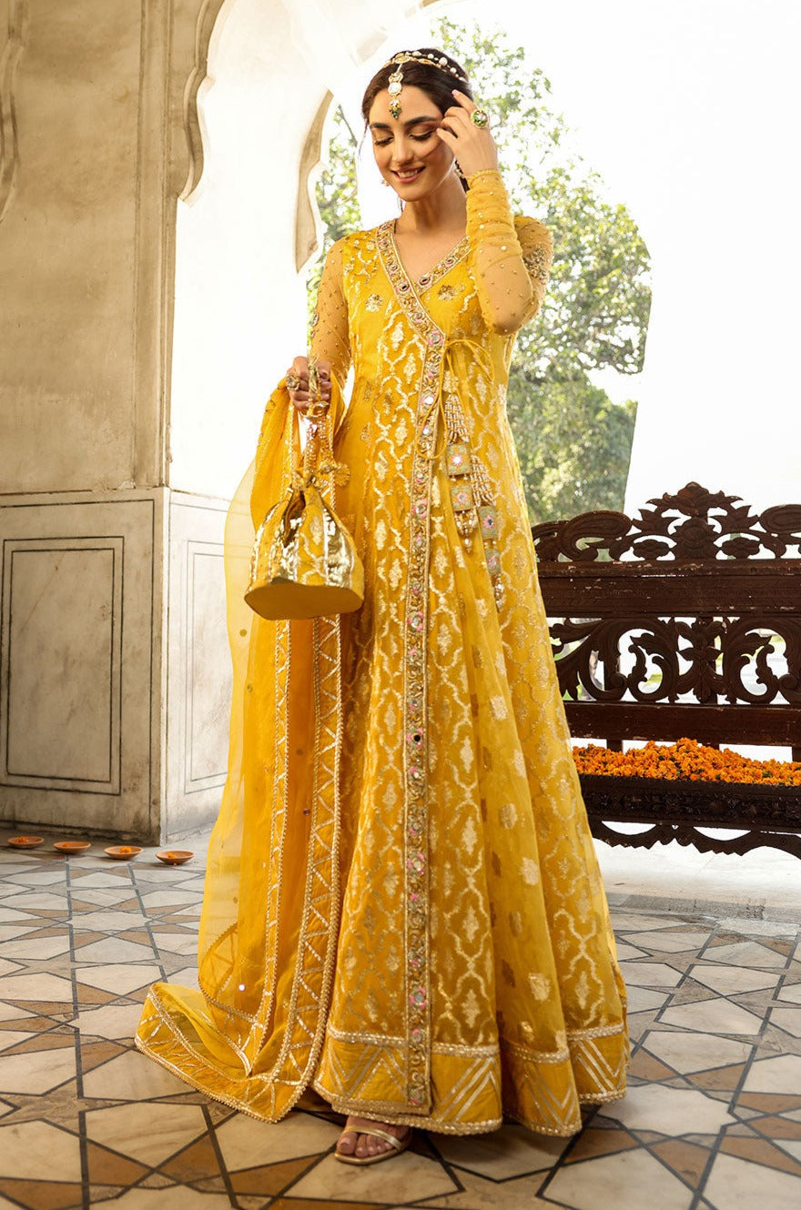 Traditional Yellow Mehndi Dress in Bridal Angrakha Frock Style ...