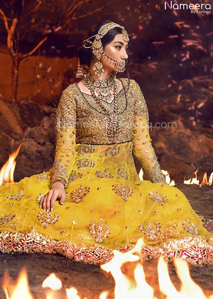 Designer Pakistani Frock Yellow Mehndi Suit Bridal Dress – Nameera by Farooq