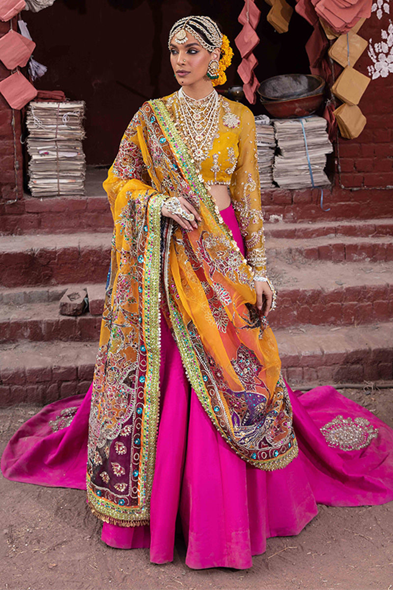 Yellow Pink Gharara Choli for Pakistani Mehndi Wear – Nameera by Farooq