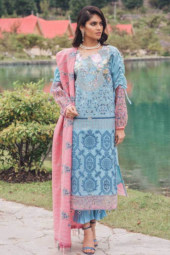 Cotton net outfit masuri embroidered in blue color – Nameera by Farooq