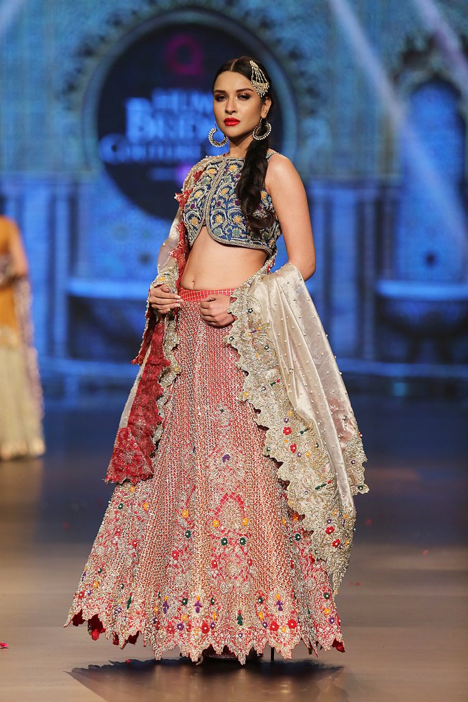 Designer embroidered lehnga in blue, gold and red color – Nameera by Farooq