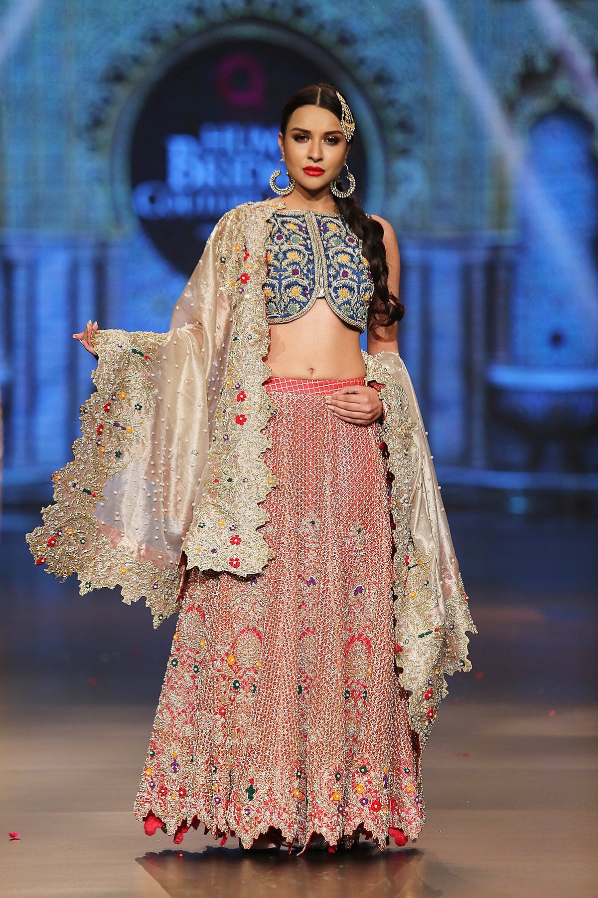 Designer embroidered lehnga in blue, gold and red color – Nameera by Farooq