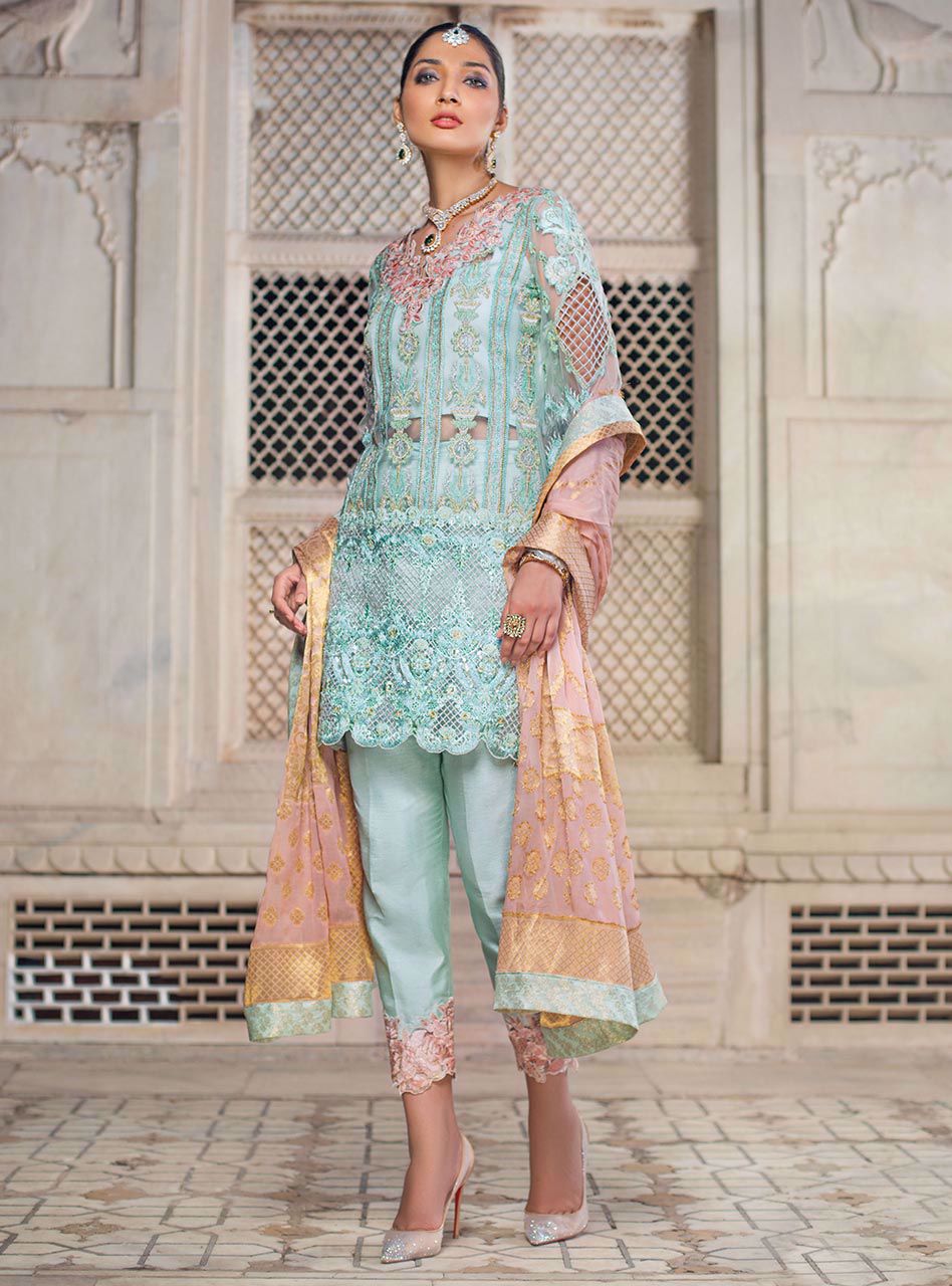 Designer embroidered net dress in blue color for party – Nameera by Farooq