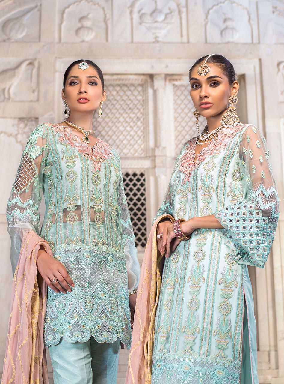 Designer embroidered net dress in blue color for party – Nameera by Farooq