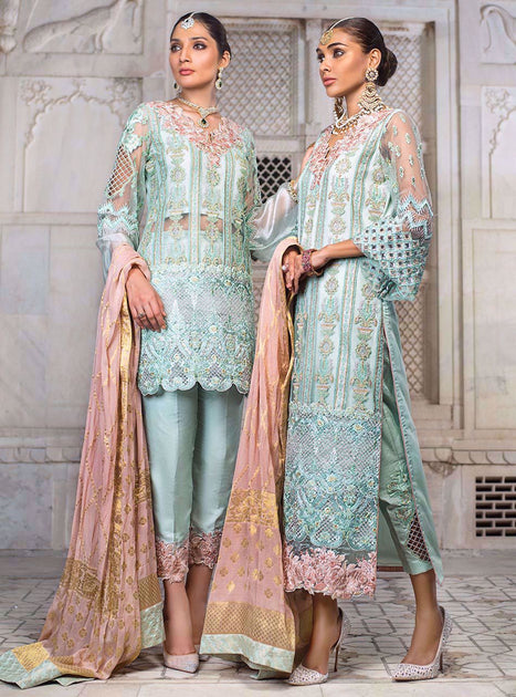 Designer embroidered net dress in blue color for party – Nameera by Farooq
