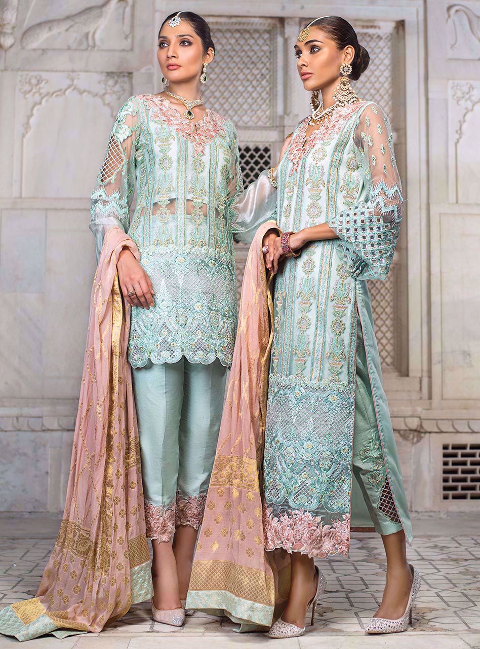 Designer embroidered net dress in blue color for party – Nameera by Farooq
