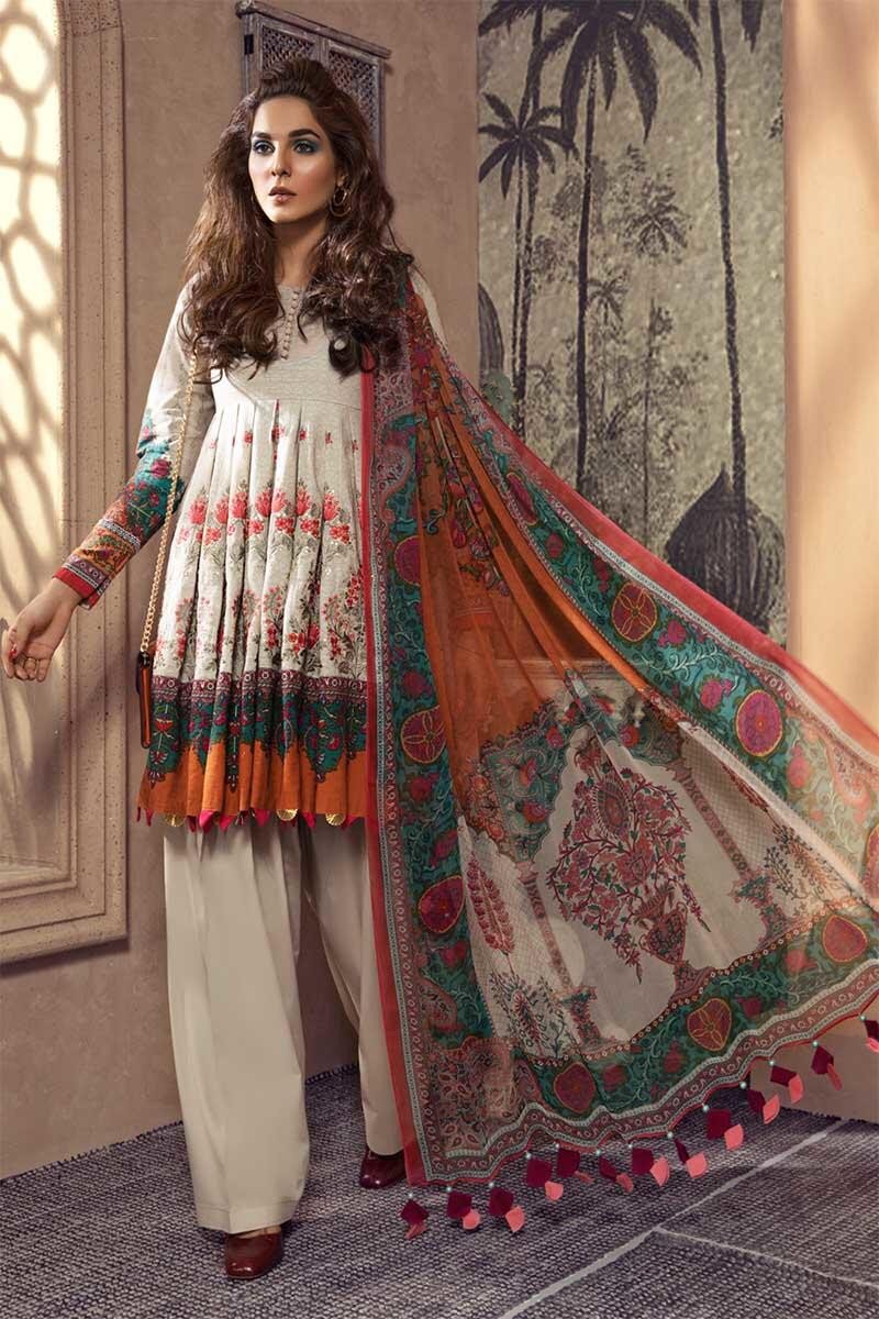 Designer khaddar dress in off-white color casual wear – Nameera by Farooq