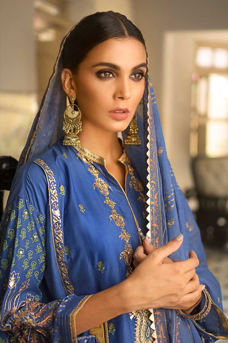 Eid dresses Pakistani in royal blue color embroidered – Nameera by Farooq