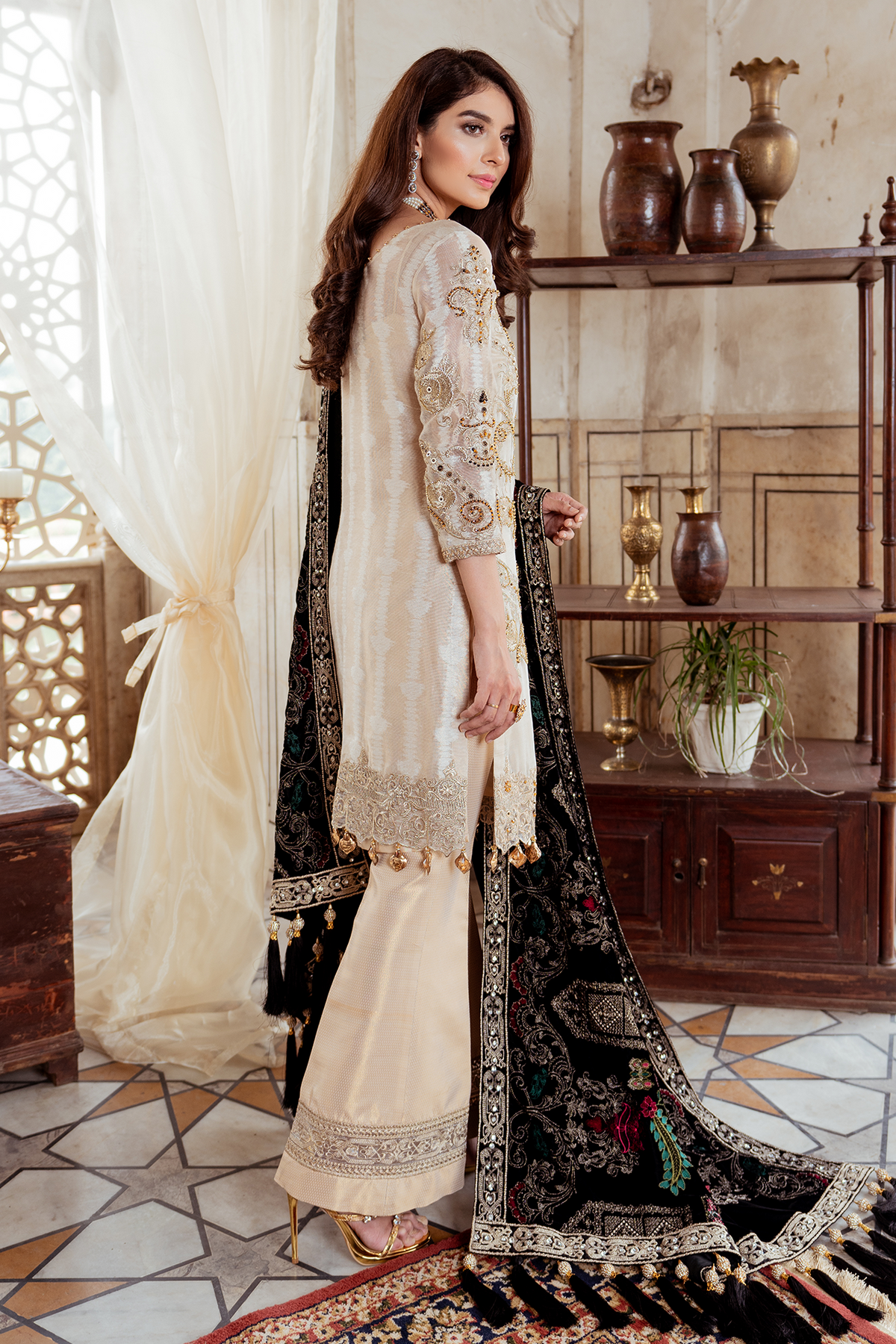 Embroidered zari party dress with multi style work – Nameera by Farooq