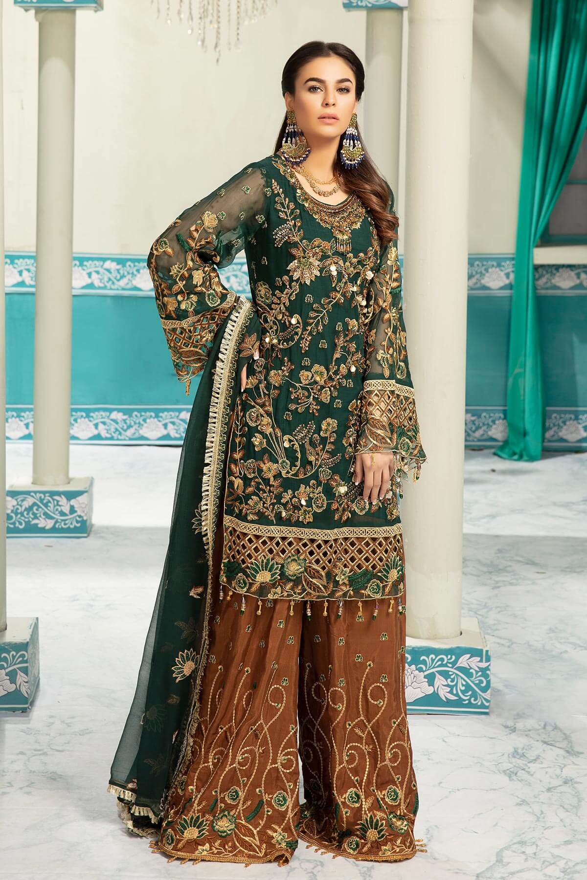 Girls Eid Outfits Chiffon Embroidered in Green Color – Nameera by Farooq