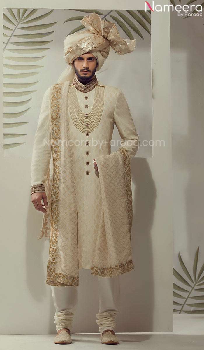 Royal White Grooms Sherwani Jamawar with Turban and Shawl – Nameera by ...
