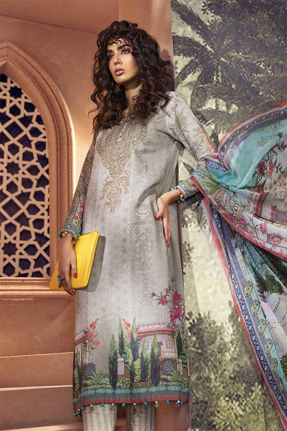 Designer karandi dress digitally printed in grey color – Nameera by Farooq